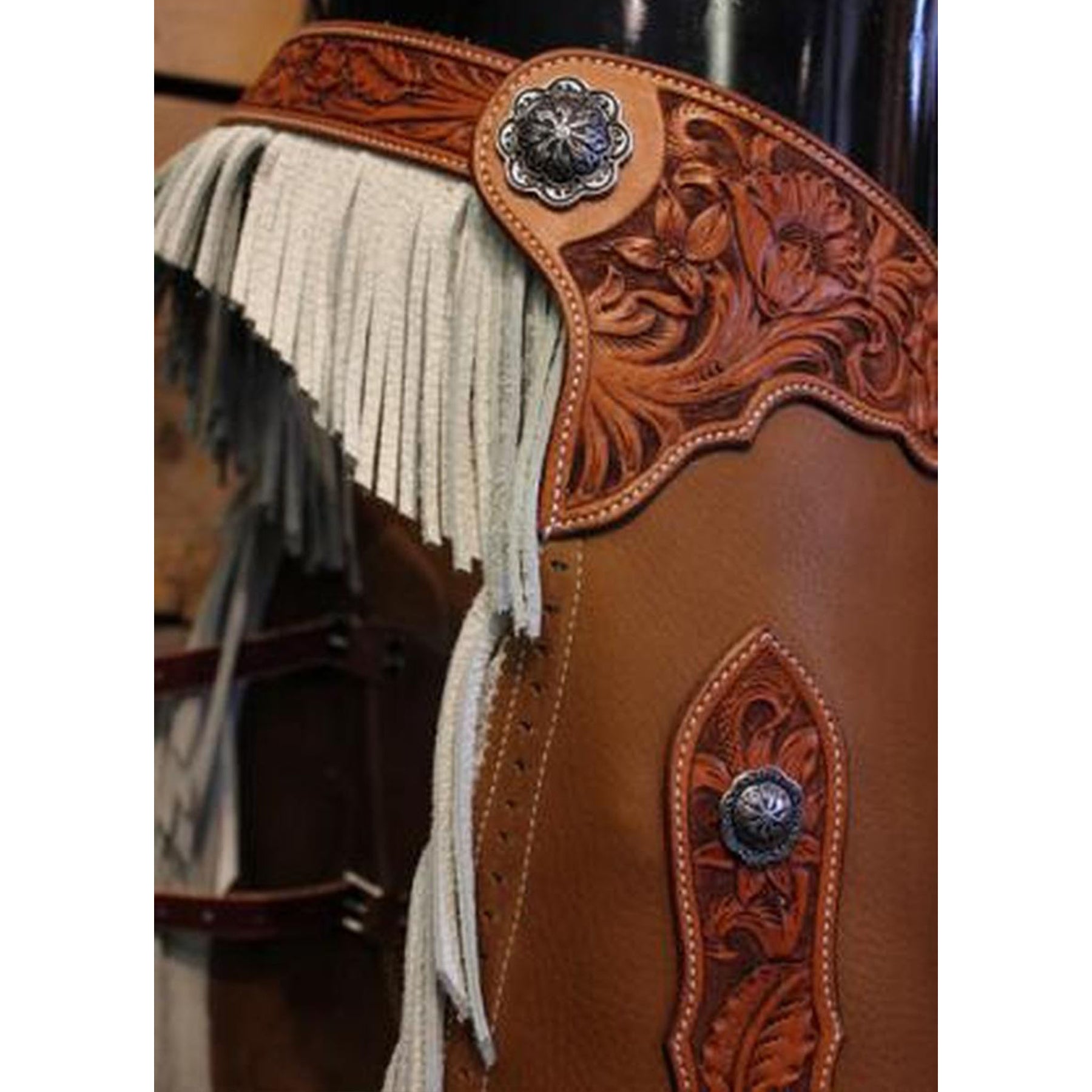 Flower Tooled Chinks with 8" Fringe – Custom Cowboy Shop
