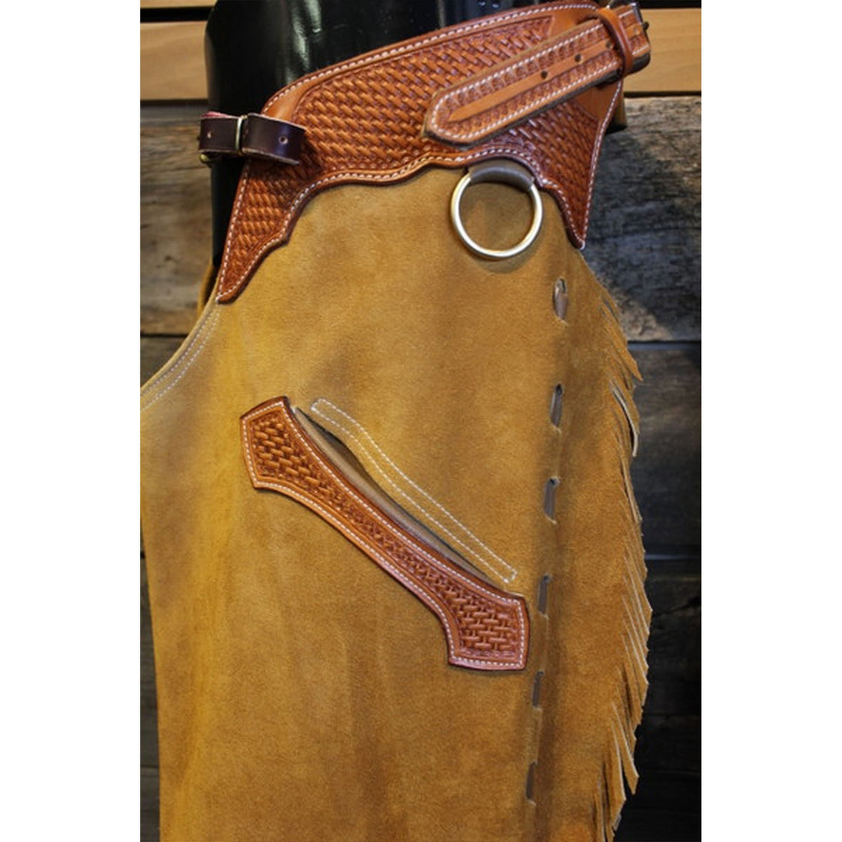 Basket Trim Roughout Shotgun Chaps – Custom Cowboy Shop